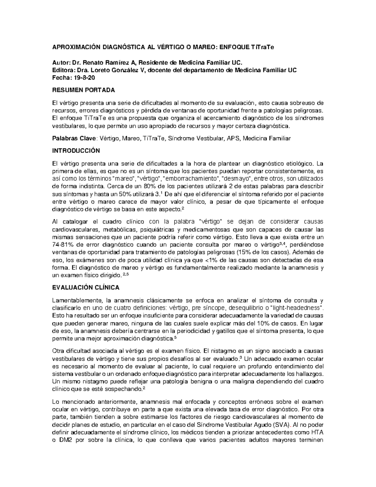 Articulo-vertigo-titrate - APROXIMACIÓN DIAGNÓSTICA AL VÉRTIGO O MAREO ...