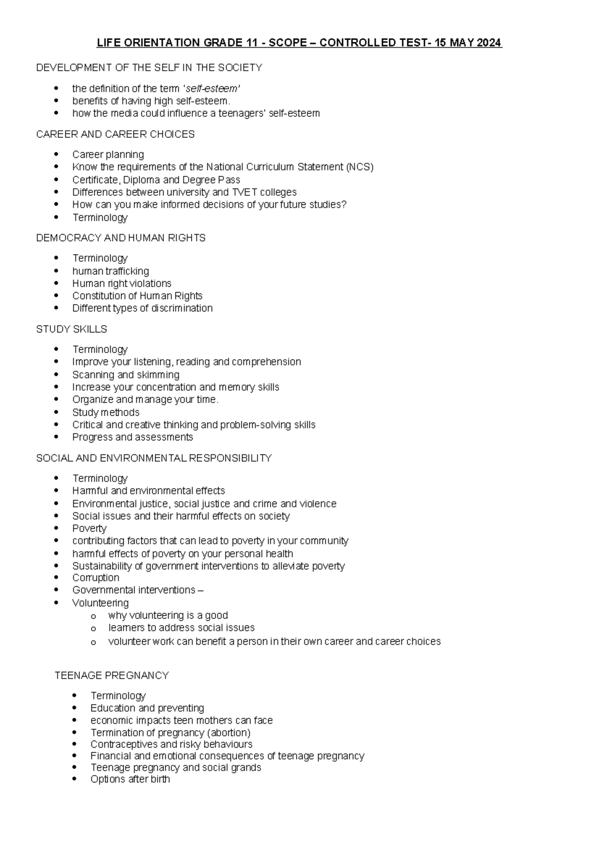 Grade 10 Controlled TEST Scope - LIFE ORIENTATION GRADE 11 - SCOPE ...