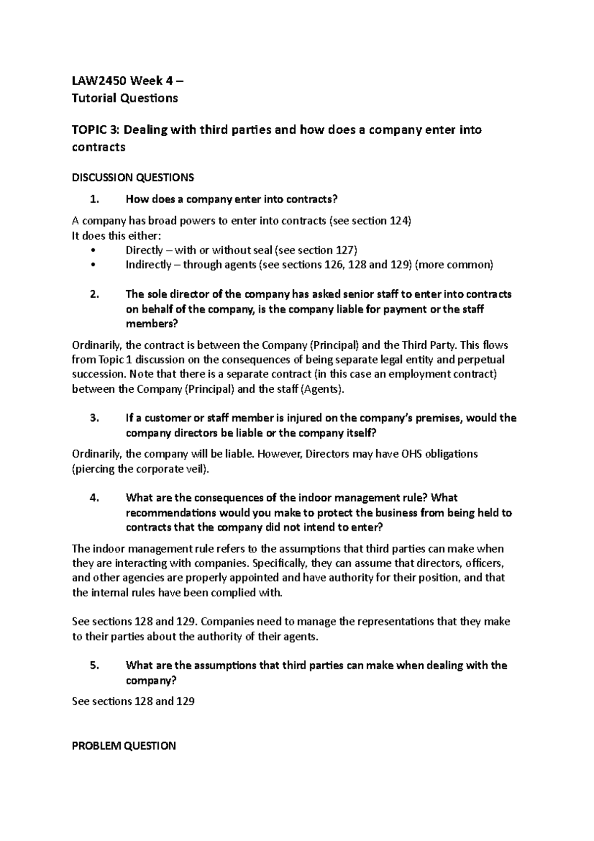 Week 4 - In class Questions - LAW2450 Week 4 – Tutorial Questions TOPIC 3: Dealing with third ...