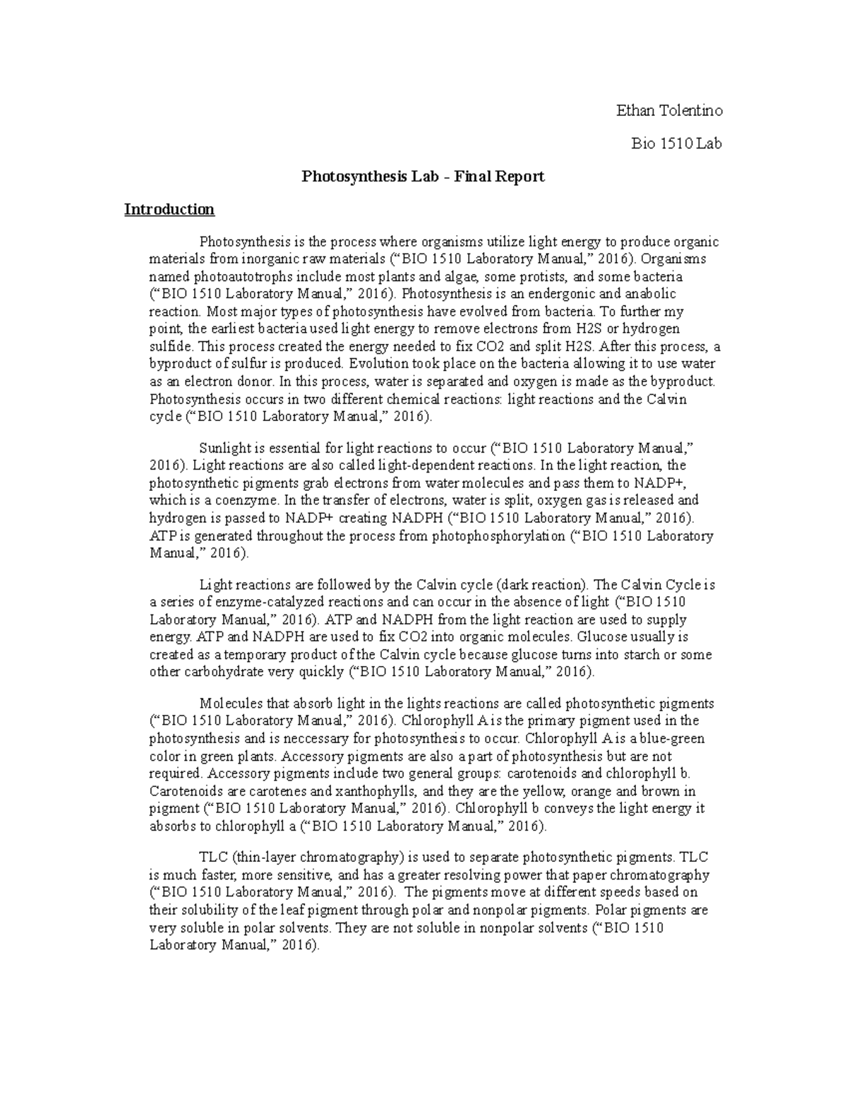 Photosynthesis - test qs - Ethan Tolentino Bio 1510 Lab Photosynthesis ...