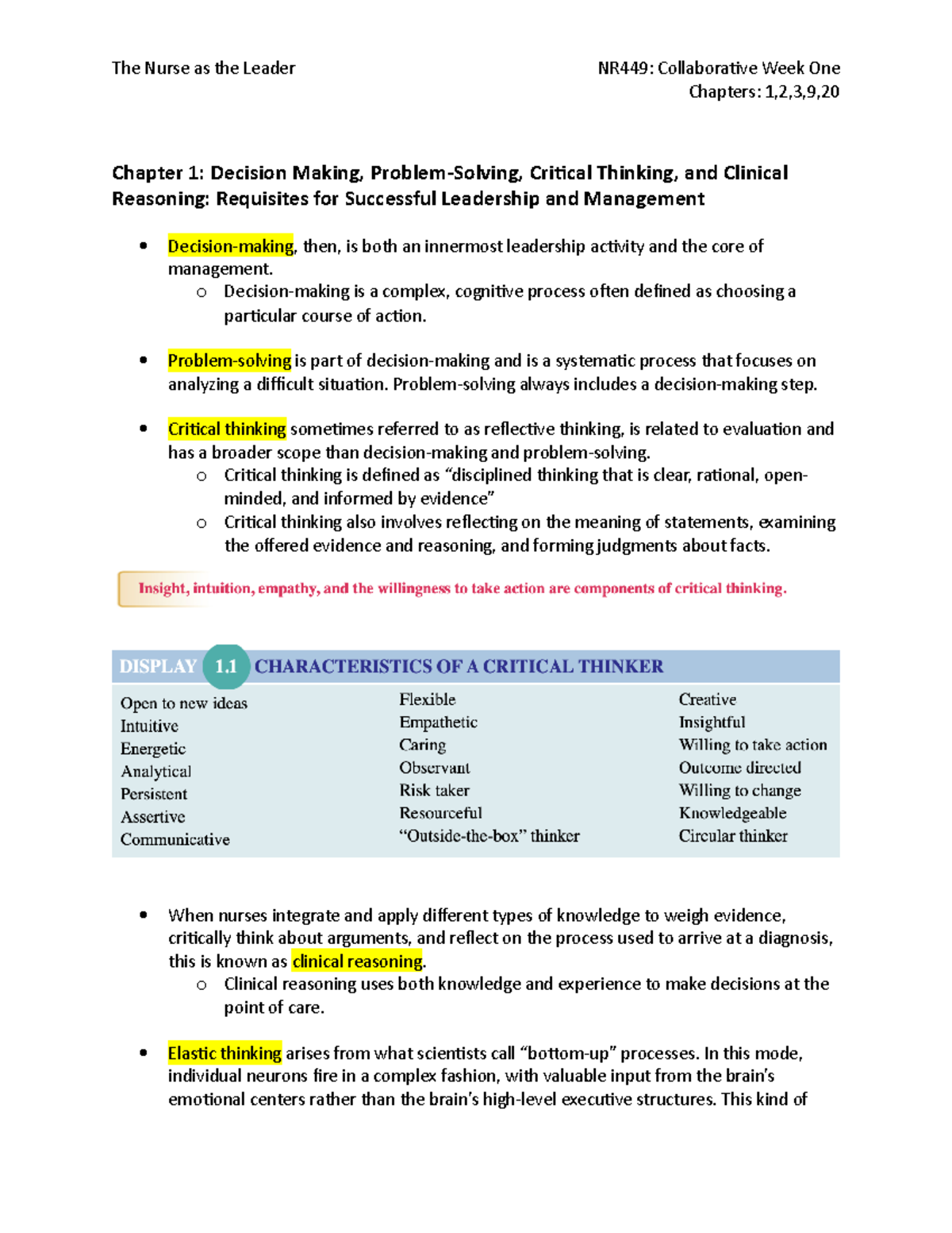 Collaborative Week 1 - Review - Chapters: 1,2,3,9, Chapter 1: Decision Making, Problem-Solving ...