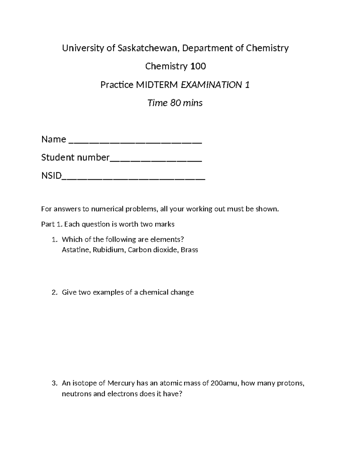 Practice MT1 CHEM 100 - nihb - University of Saskatchewan, Department ...