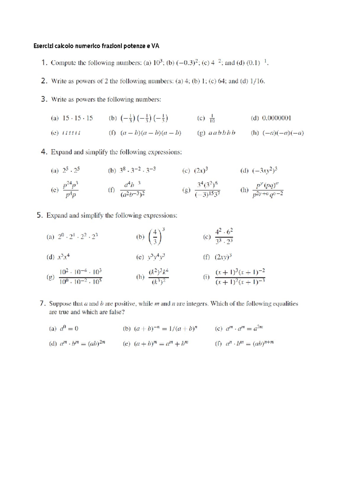 Esercizi calcolo numerico frazioni e potenze e va - Compute the ...