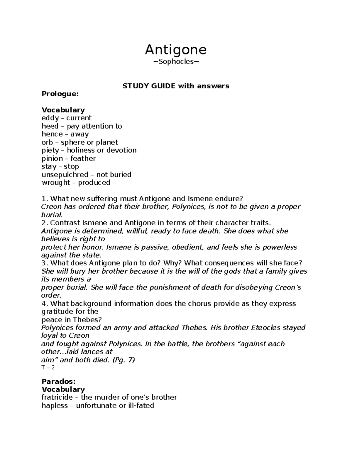 Antigone discussion questions with answers 2 - Antigone Sophocles STUDY GUIDE with answers ...