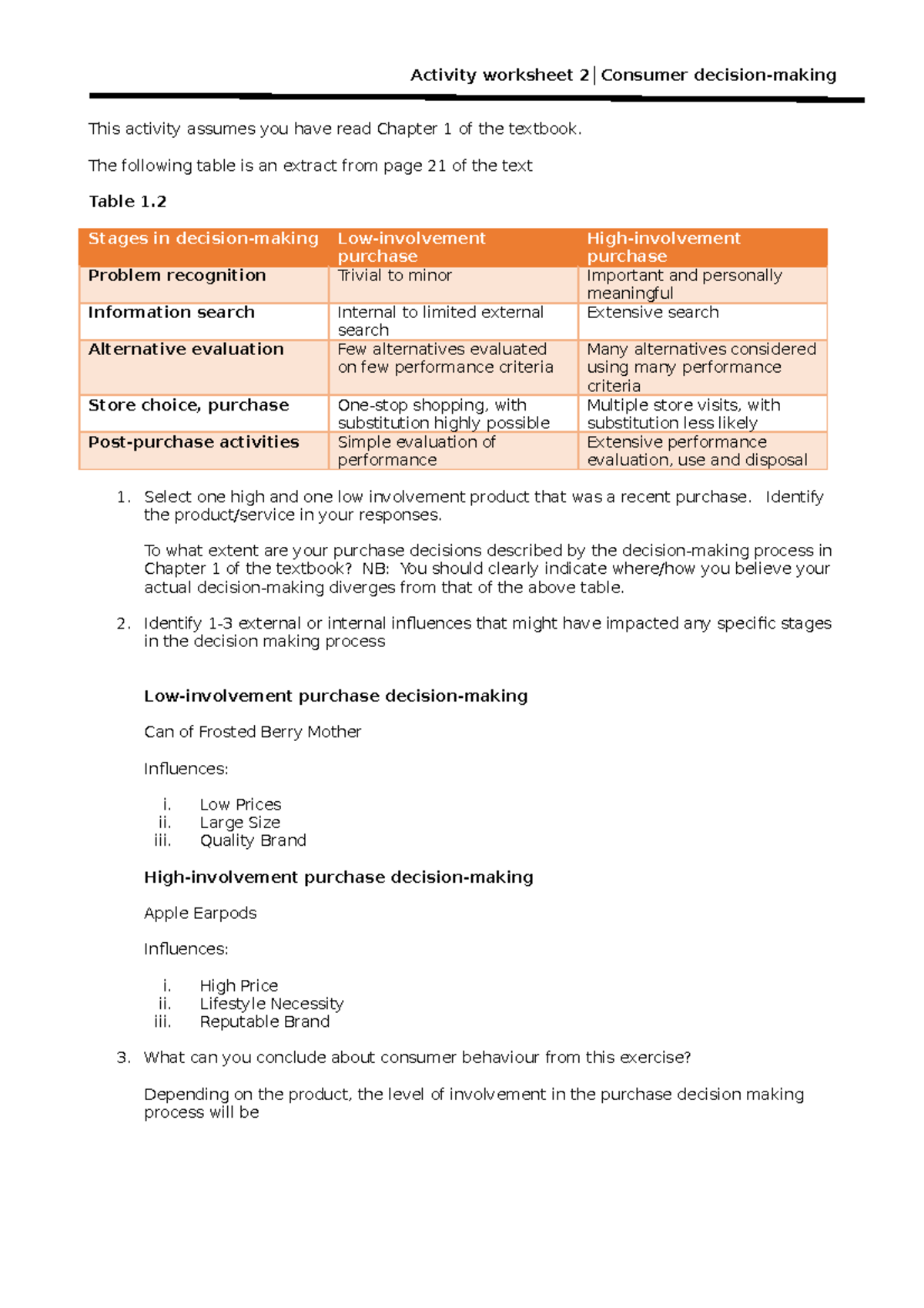 2 Consumer decision making - Activity worksheet 2 │Consumer decision ...