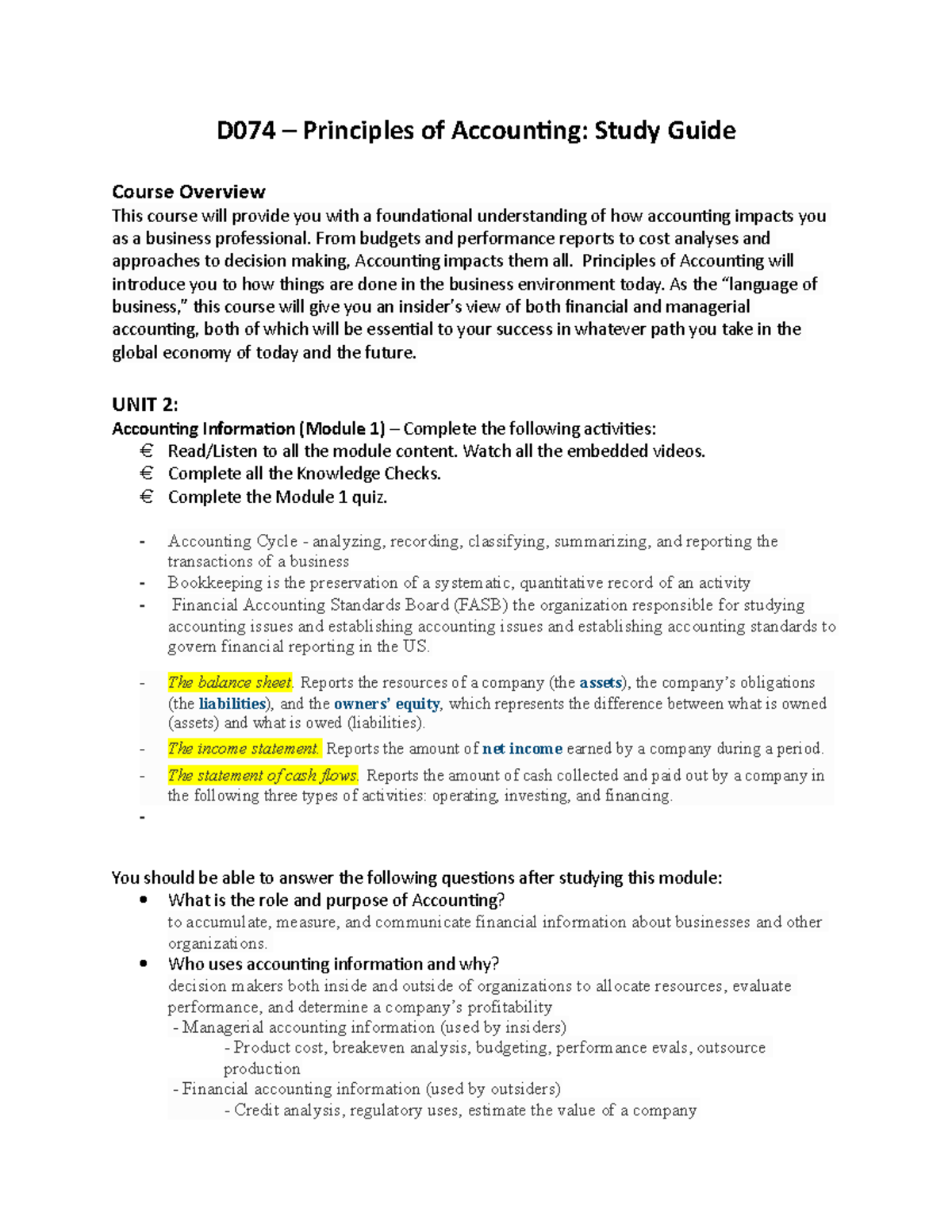 D074 Study Guide With Notes - D074 – Principles of Accounting: Study ...