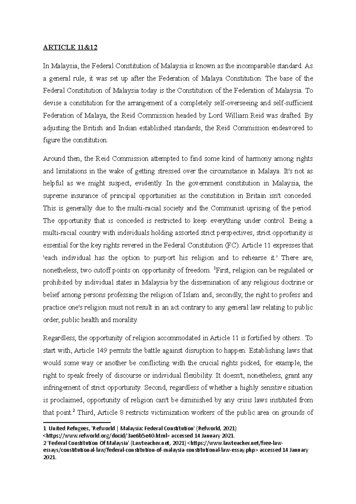 Article 11(consti) - ... - ARTICLE 11& In Malaysia, the Federal ...