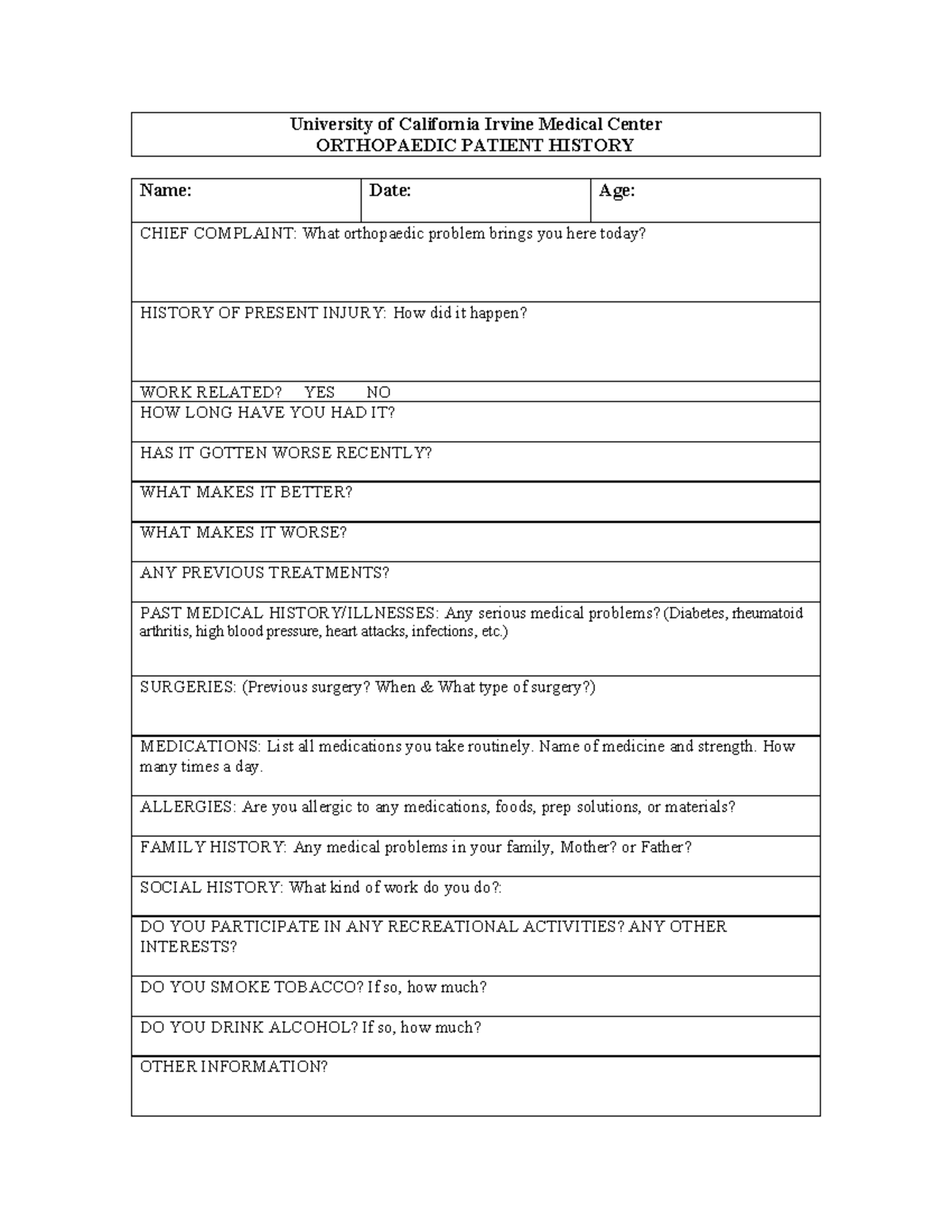 Orthopaedichistoryform - University of California Irvine Medical Center ...