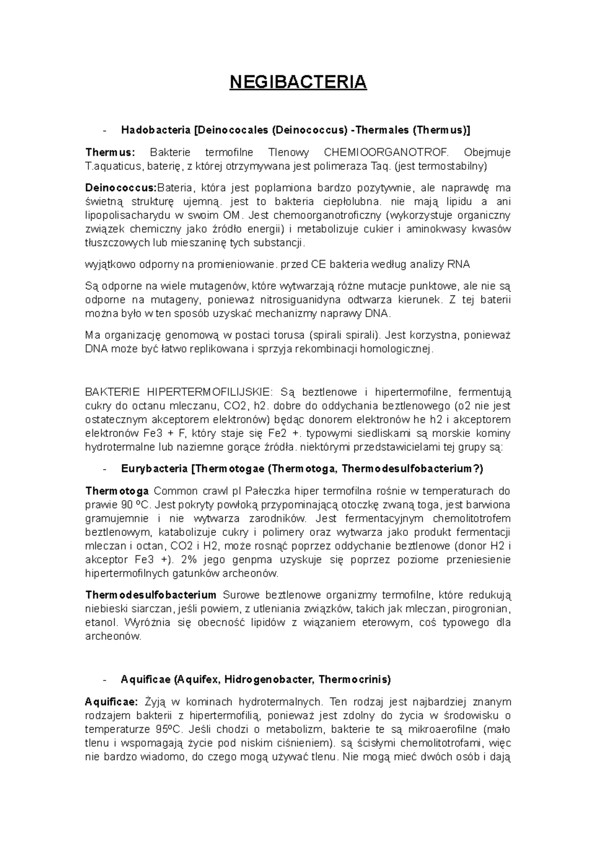 Lekcja 5 - Notatki z wykładu 5 - NEGIBACTERIA - Hadobacteria ...