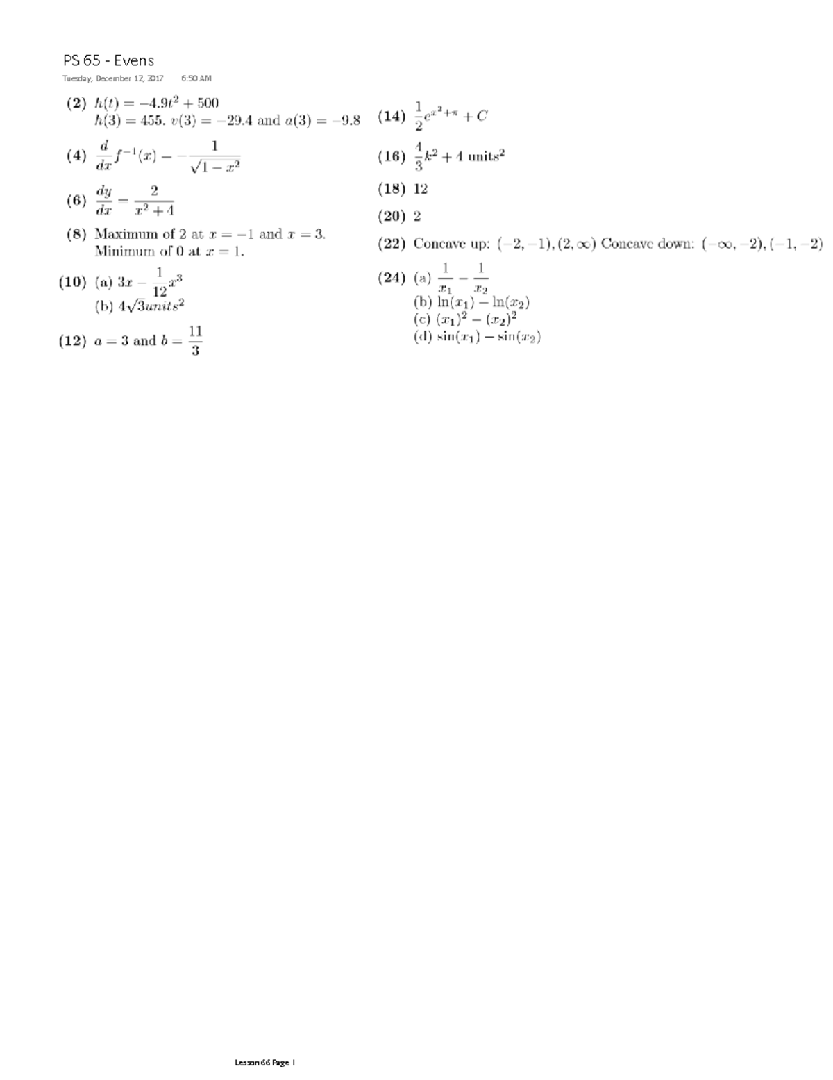 Lesson 66 - Notes - MATH 223 - PS 65 - Evens Tuesday, December 12, 2017 ...