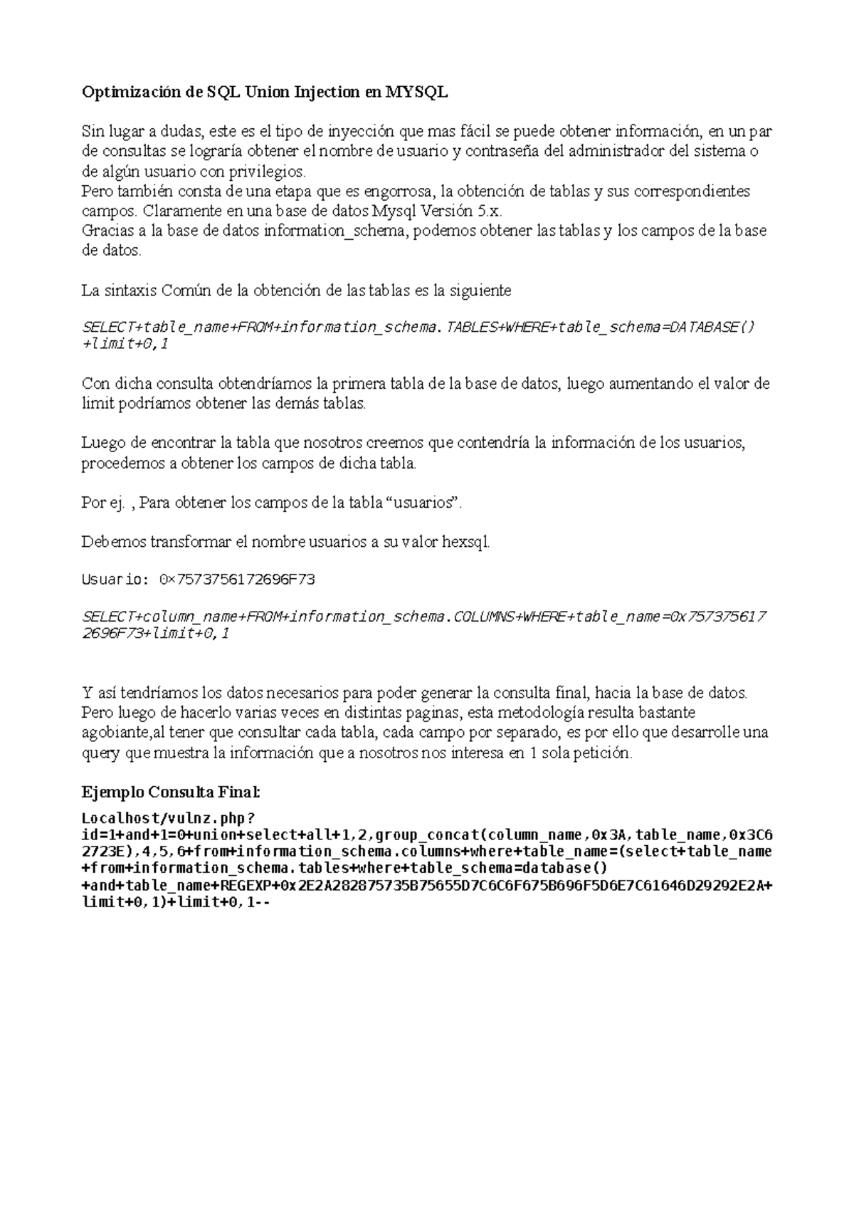 Optimizacion de SQL Union Injection en Mysql - Optimización de SQL ...