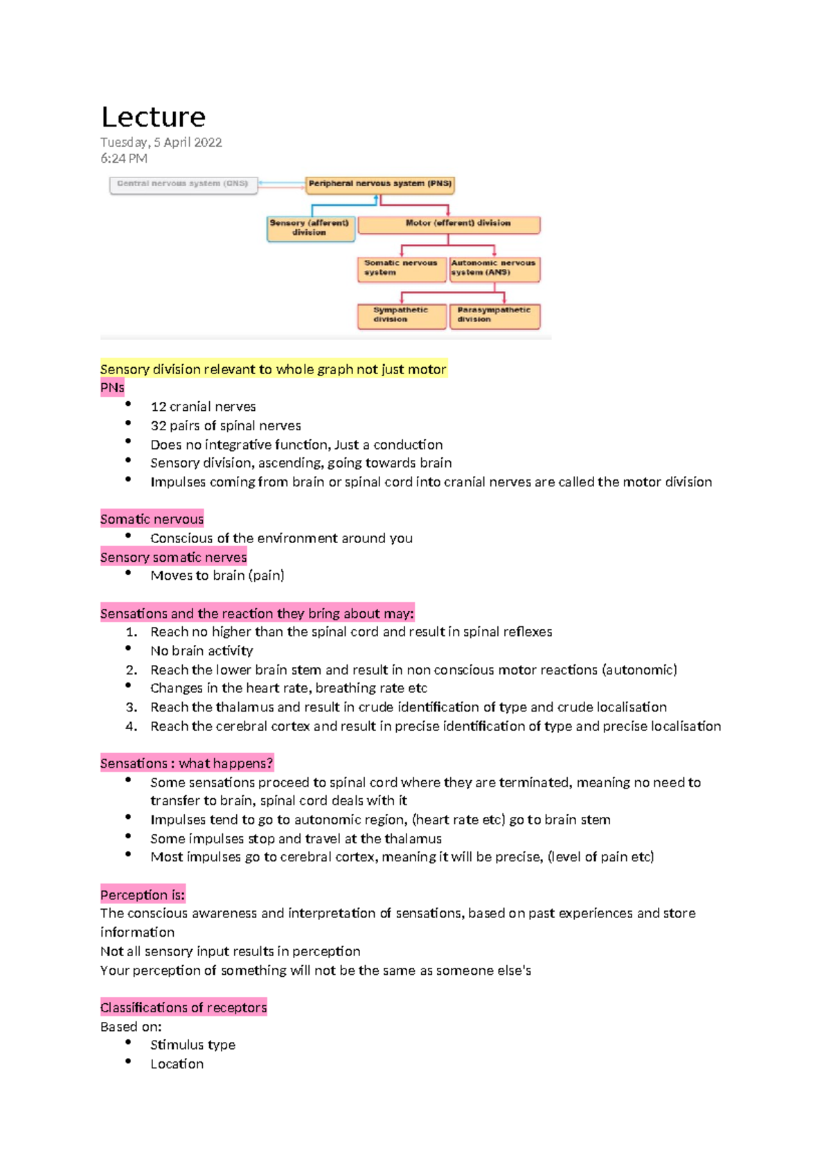 Lecture week 7 - Lecture Tuesday, 5 April 2022 6:24 PM Sensory division relevant to whole graph ...