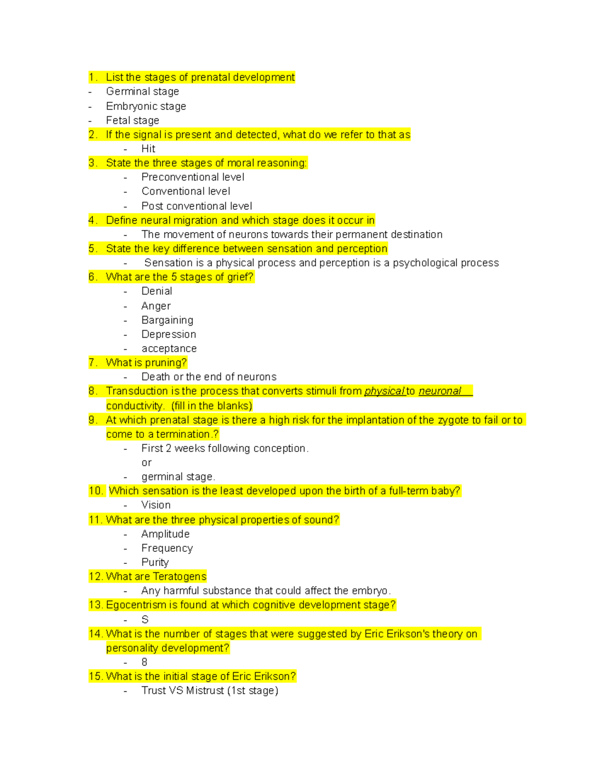 Introduction to psychology Midterm revision material - List the stages ...
