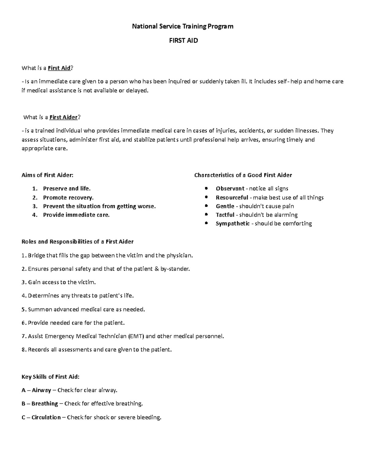 NSTP First Aid by Jade - National Service Training Program FIRST AID ...