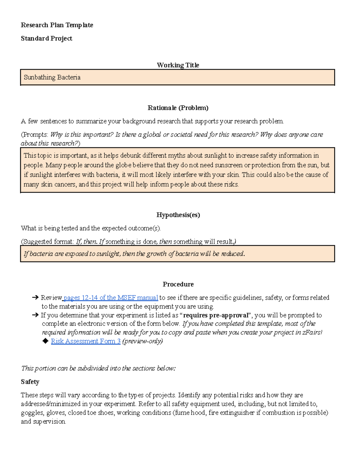 Sci Fair Example Project Plan - Research Plan Template Standard Project ...