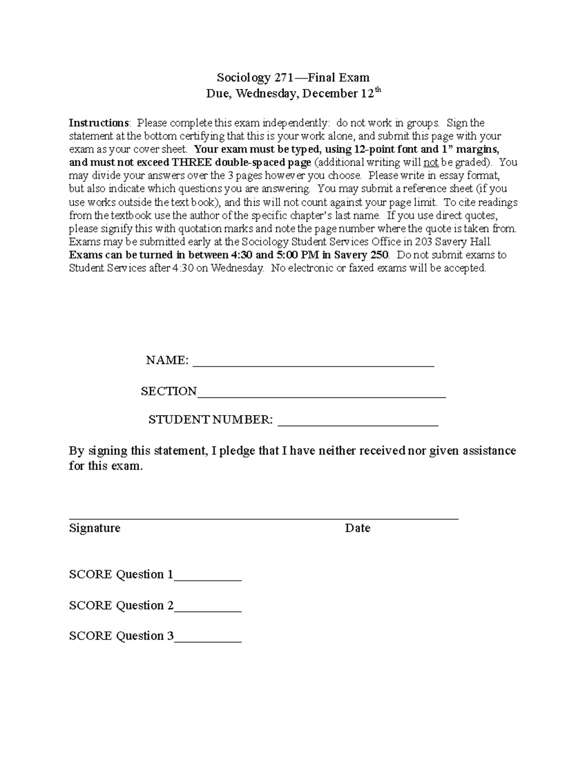 Sociology 271-Final+exam+Fall+2018-2 - Sociology 271—Final Exam Due, Wednesday, December 12th ...