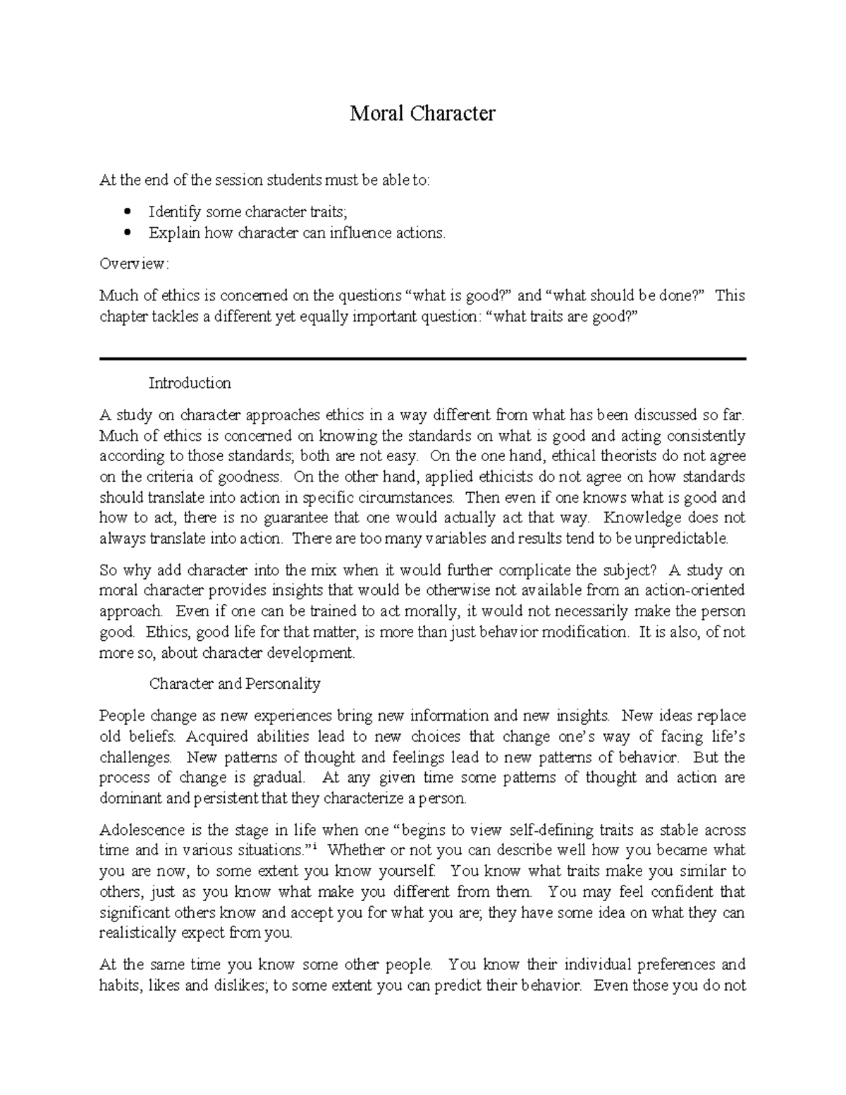 4 Character rev - NOTES - Moral Character At the end of the session ...