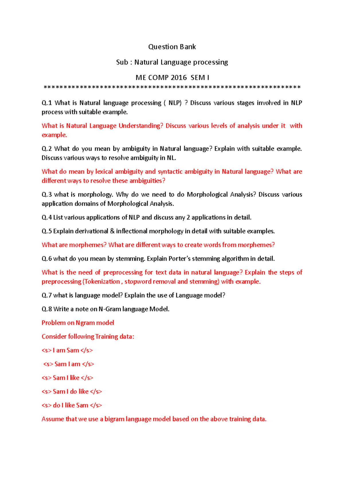 NLP Question Bank - Question Bank Sub : Natural Language processing ME COMP 2016 SEM I - Studocu