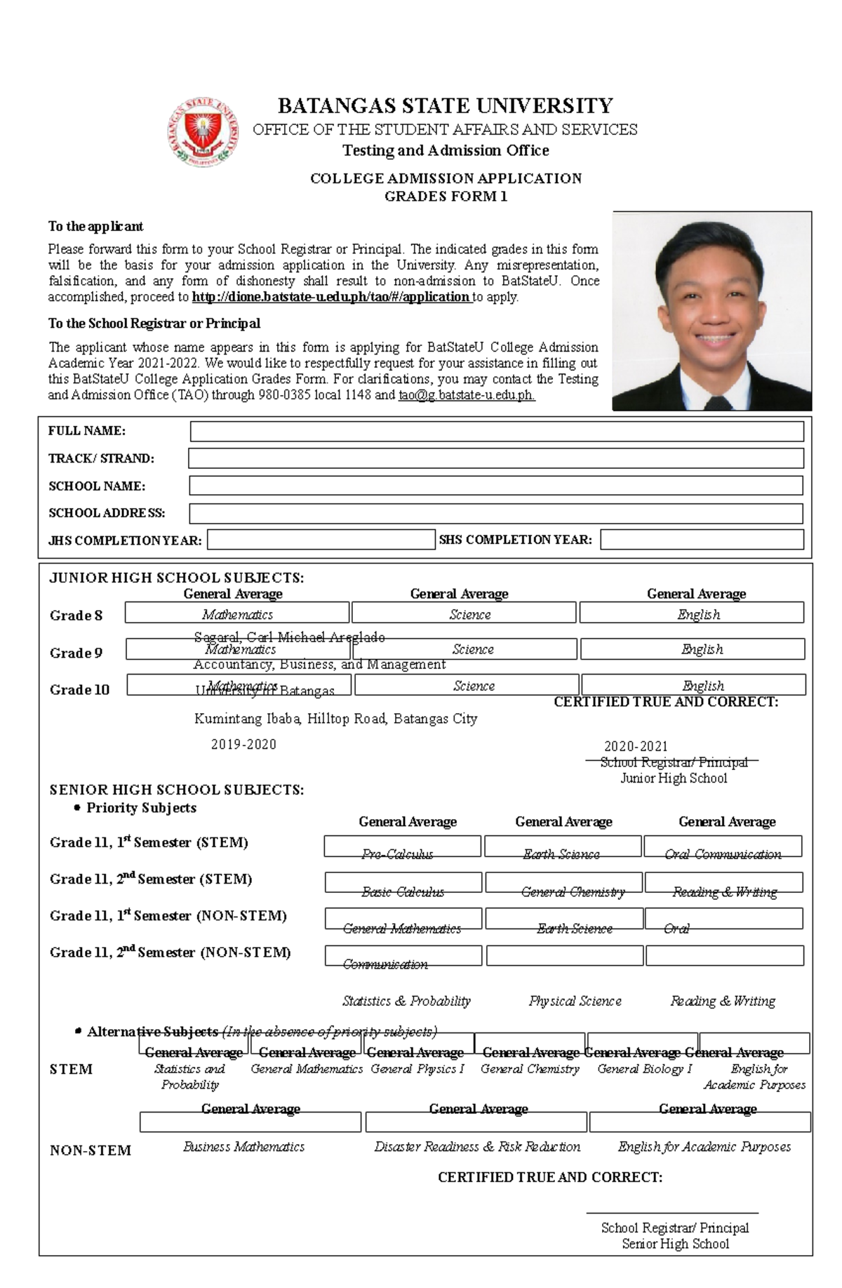 Bat State U College Application Grades Form Regular Admission - Attach ...
