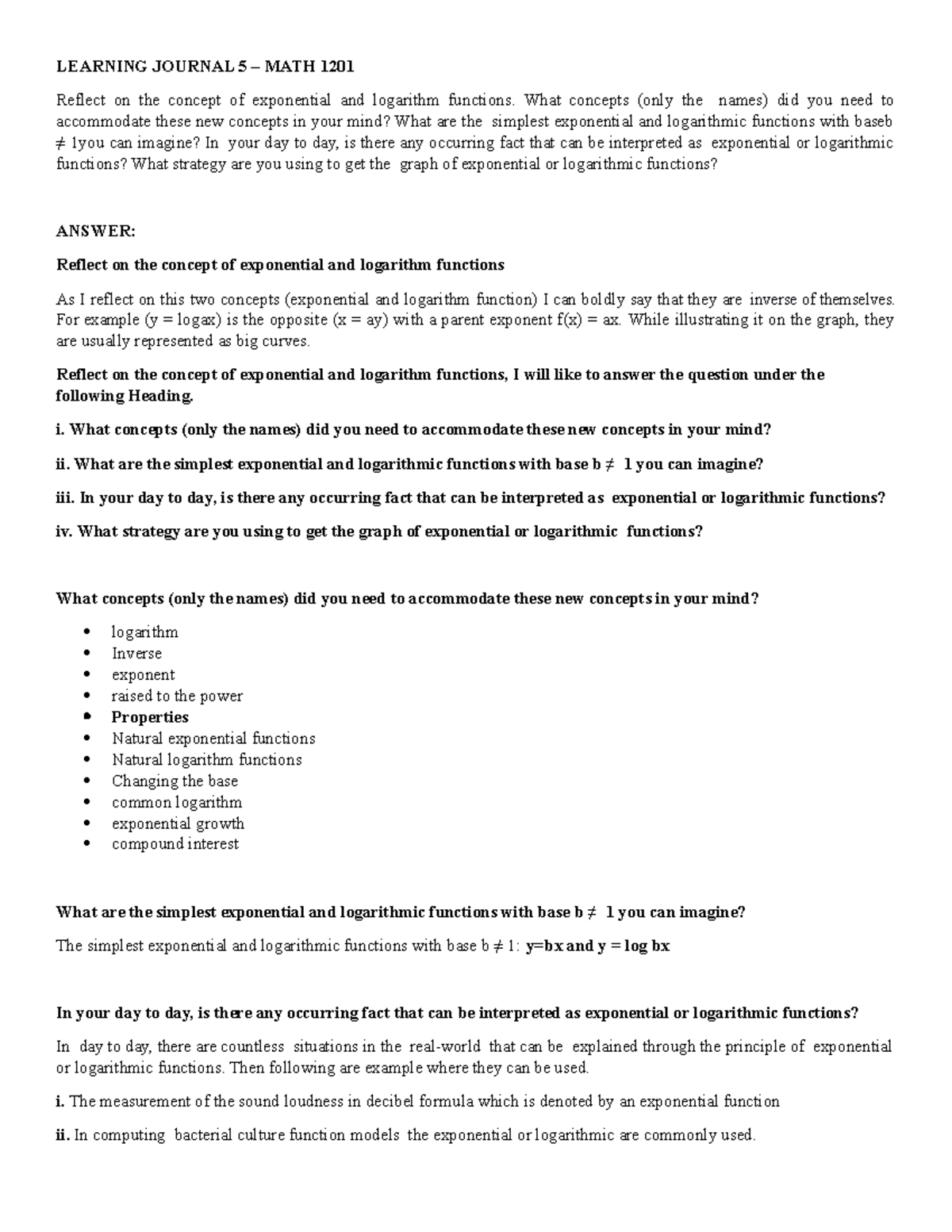 Learning Journal 5 - LEARNING JOURNAL 5 – MATH 1201 Reflect on the concept of exponential and ...