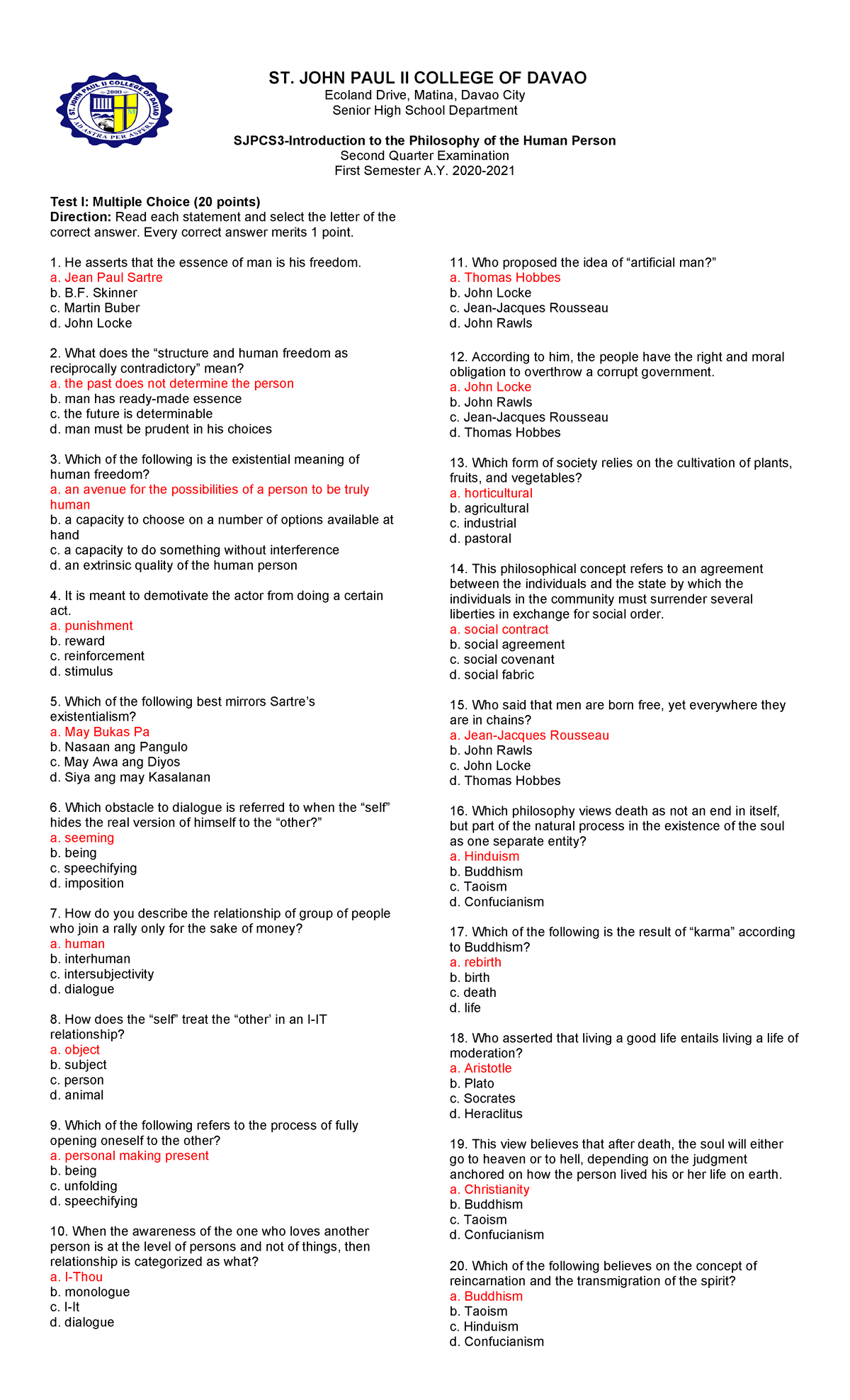 NAT- Reviewer 1 - ST. JOHN PAUL II COLLEGE OF DAVAO Ecoland Drive ...