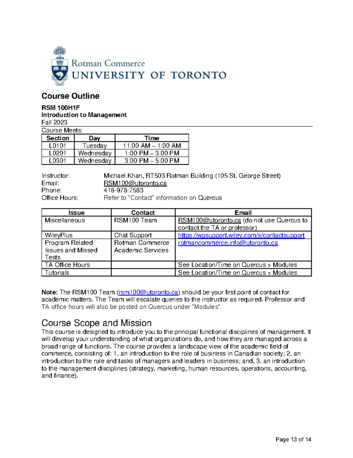 RSM100 Course Syllabus - Fall 2023 - Course Outline RSM 100 H1F ...