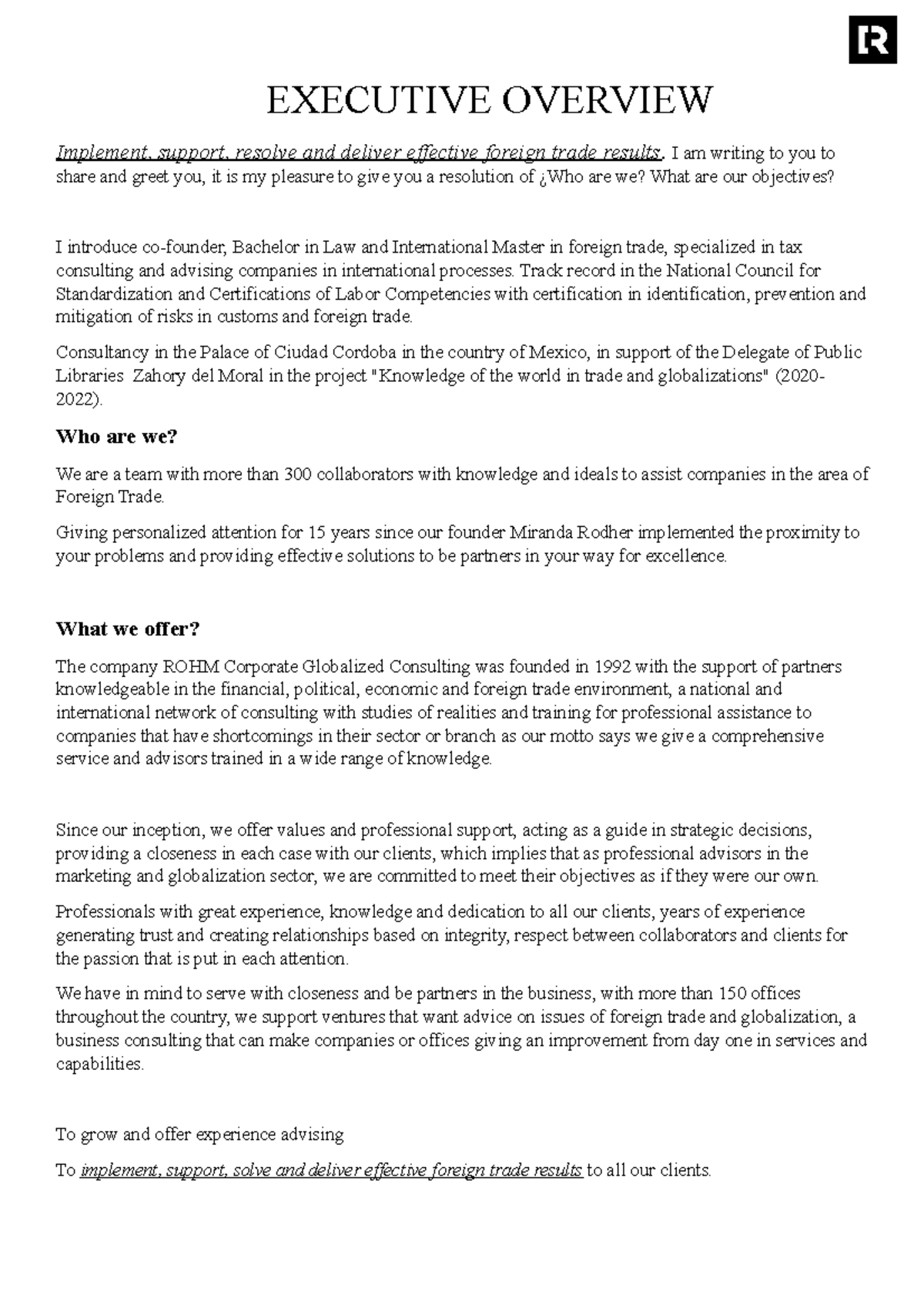 Executive Overview PARA Enviar - EXECUTIVE OVERVIEW Implement, support ...