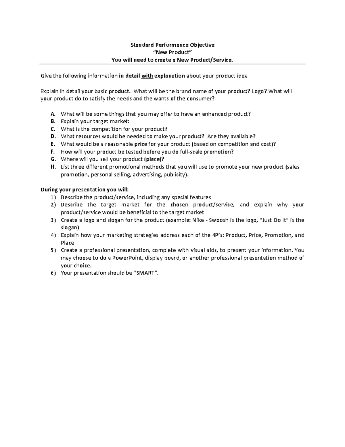 Product Presentation Rubrics - Standard Performance Objective “New ...