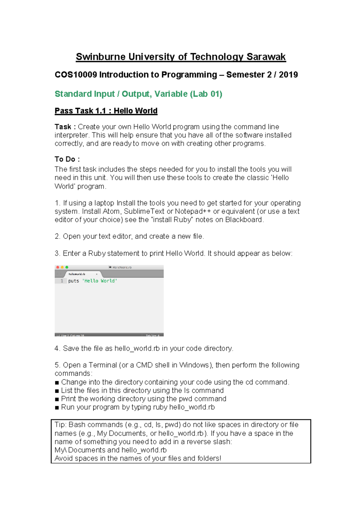 COS10009 Lab 1 - Introduction for Ruby Programming - Swinburne University of Technology Sarawak ...