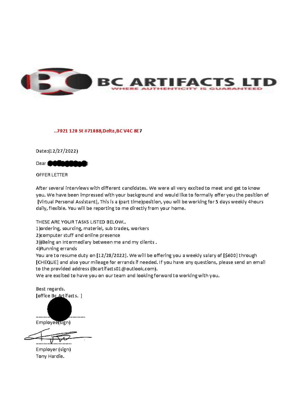 Scam Offer Letter - . 120 St #71088,Delta,BC V4C 8E 7 Date:(12/27/2022 ...