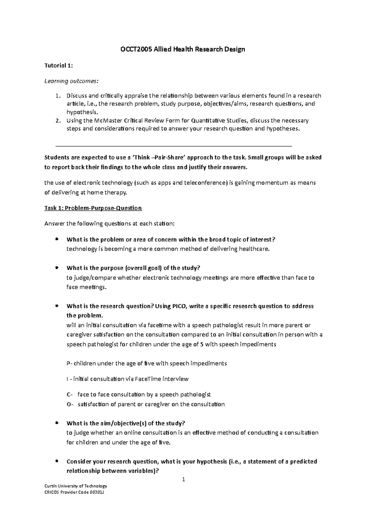 Tutorial 1 - OCCT2005 Allied Health Research Design Tutorial 1 ...