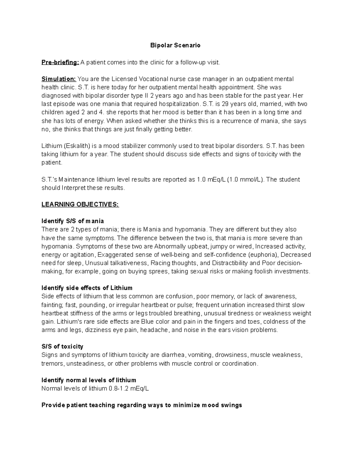 Clinical Assignment - Bipolar Scenario - Bipolar Scenario Pre-briefing ...