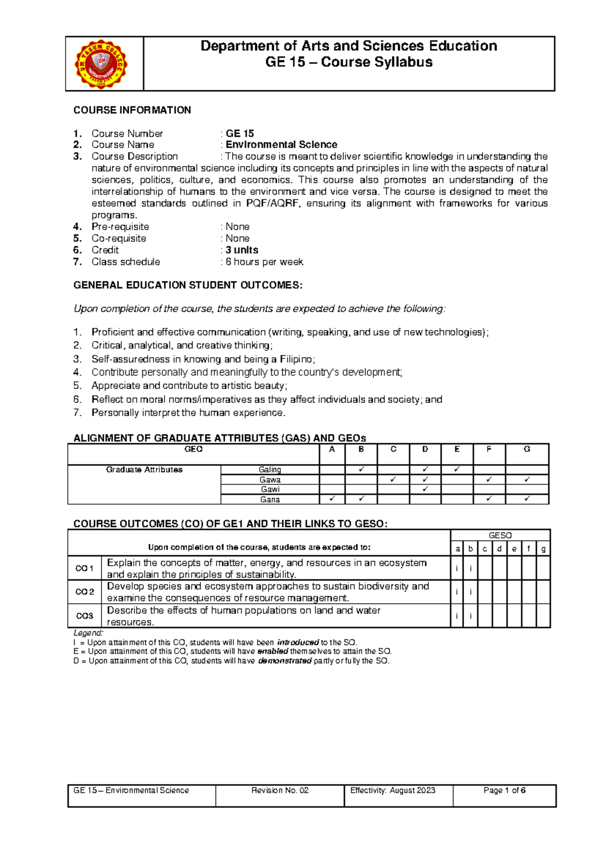 GE-15-Syllabus - For information - GE 15 – Course Syllabus COURSE ...
