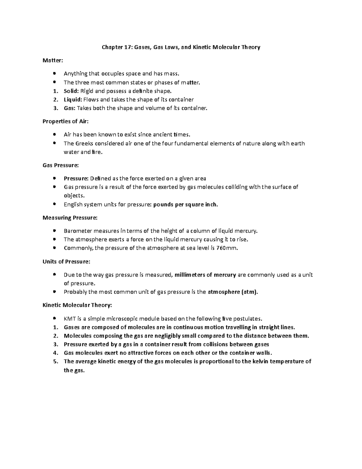 Chapter 17 Gases, Gas Laws, and Kinetic Molecular Theory - The three ...