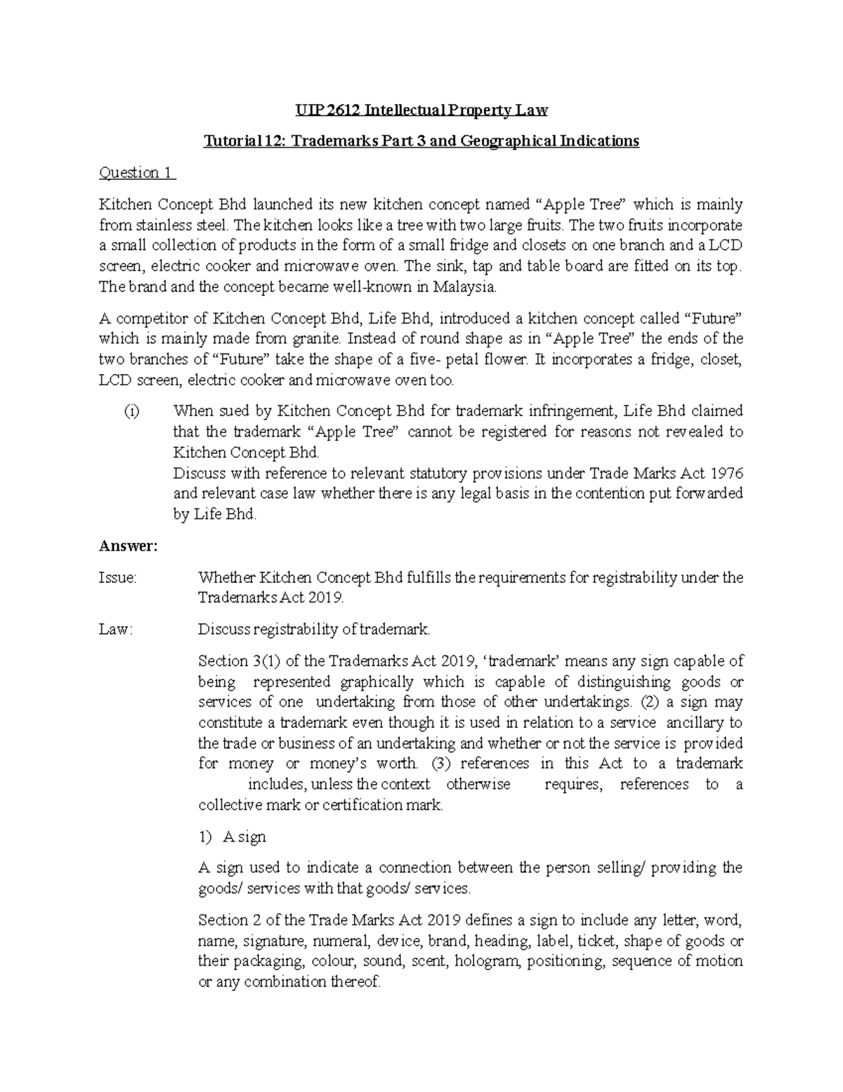 Tutorial 12 Intellectual Property Law Answer - UIP 2612 Intellectual ...