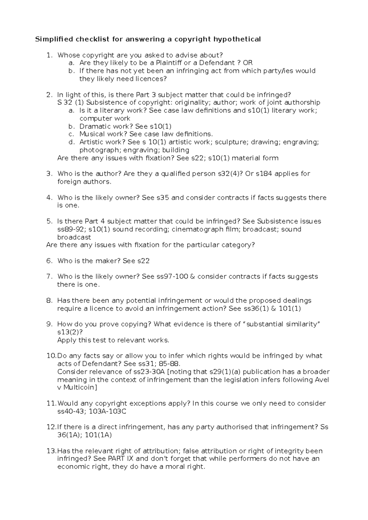 Simplified checklist - copyright - Simplified checklist for answering a ...