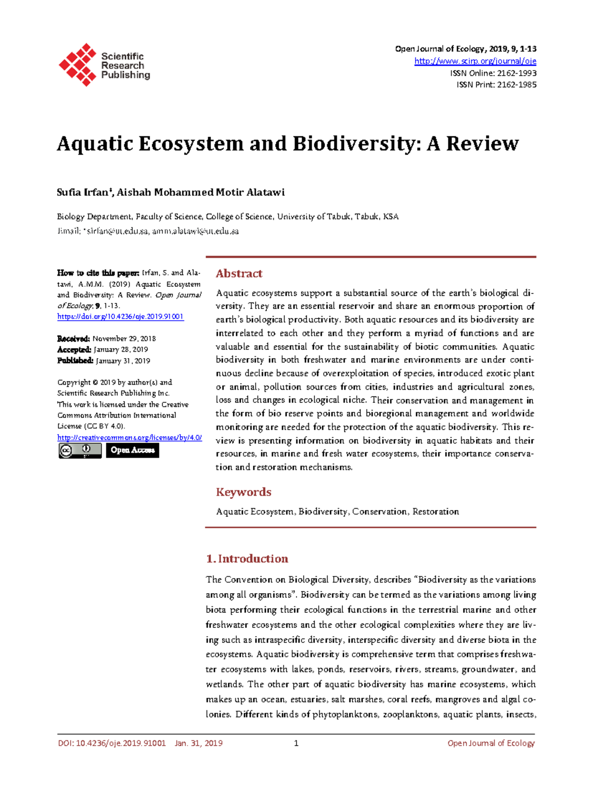 Aquatic Ecosystem and Biodiversity A Review - Open Journal of Ecology ...