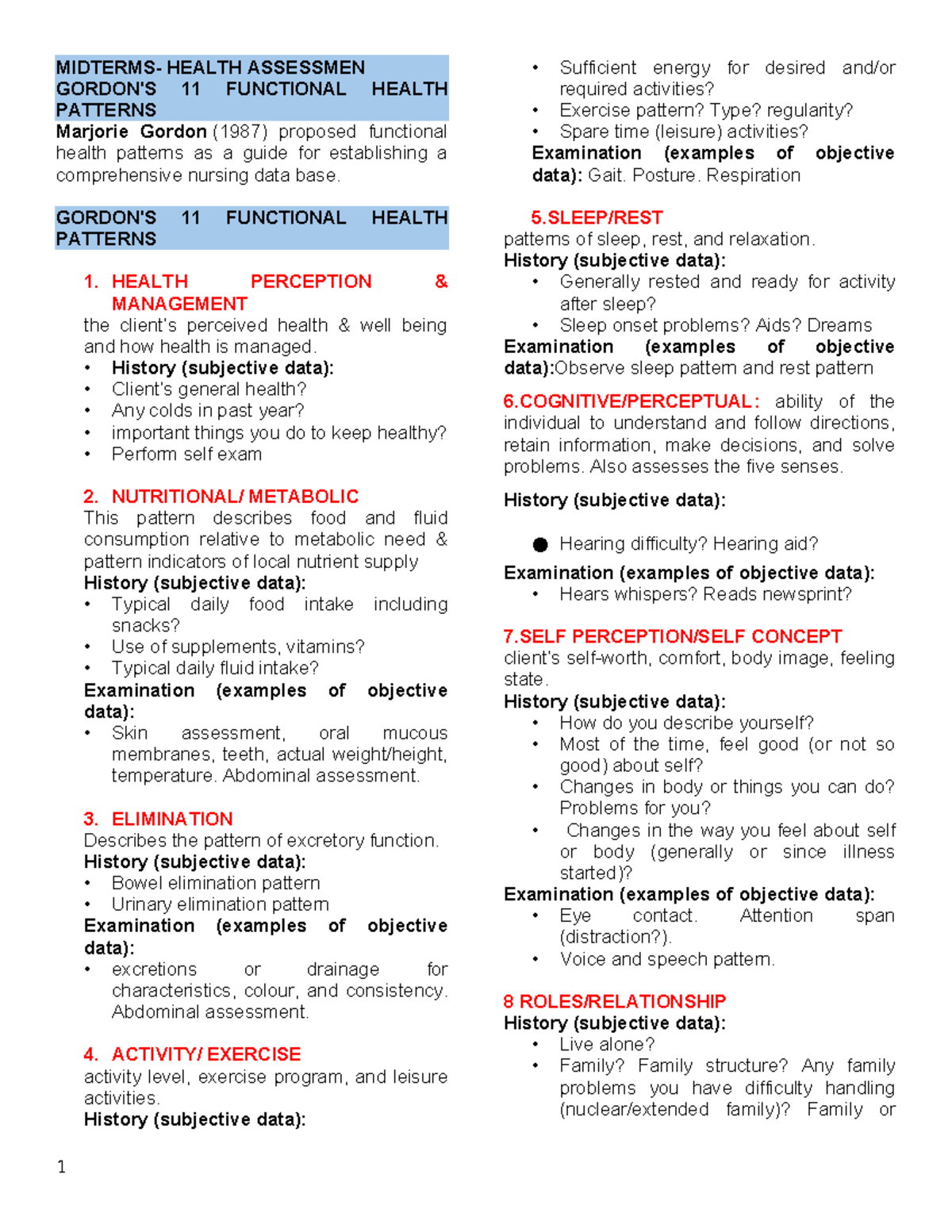 Gordon’s 11 Functional Health Pattern - MIDTERMS- HEALTH ASSESSMEN ...