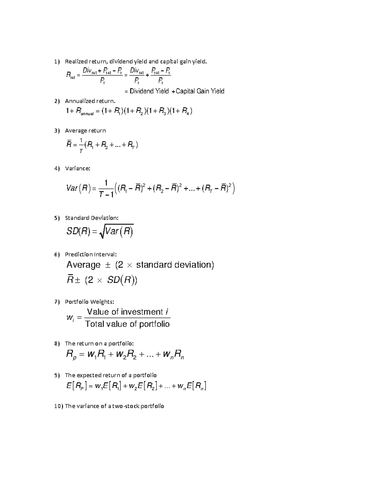 Formula Sheet for quiz 1 - Realized return, dividend yield and capital ...