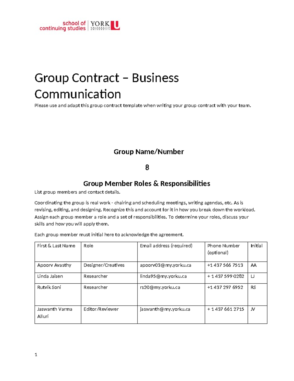 Group 8 Contract - Group Name/Number 8 Group Member Roles ...
