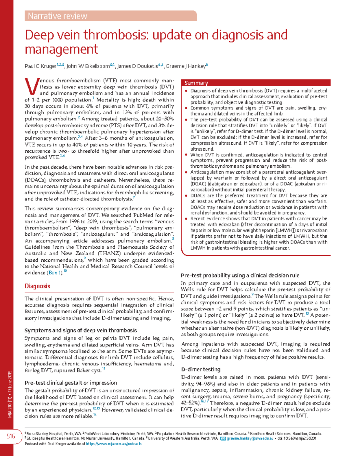 DVT - DVT - MJA 210 (11) 17 June 2019 Deep vein thrombosis: update on ...