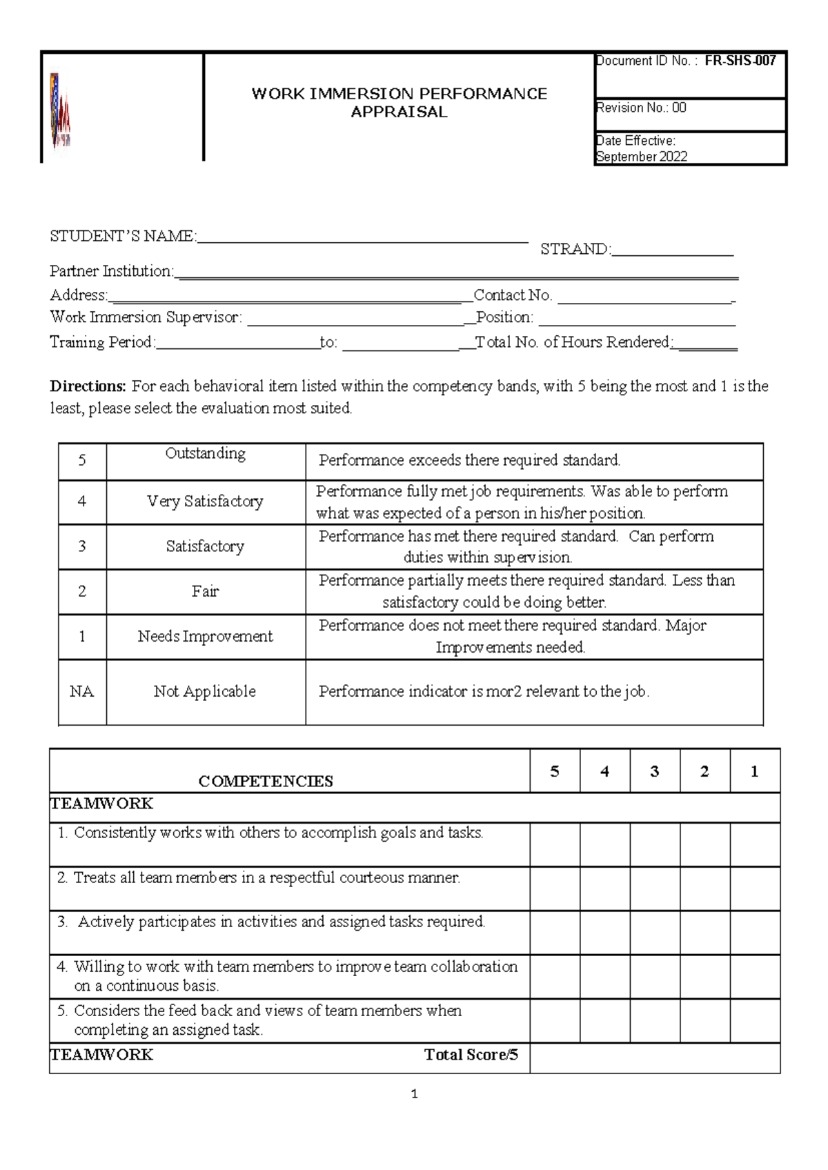 Work Immersion Performance Appraisal (Dep-ED) 001 - STUDENT’S NAME ...