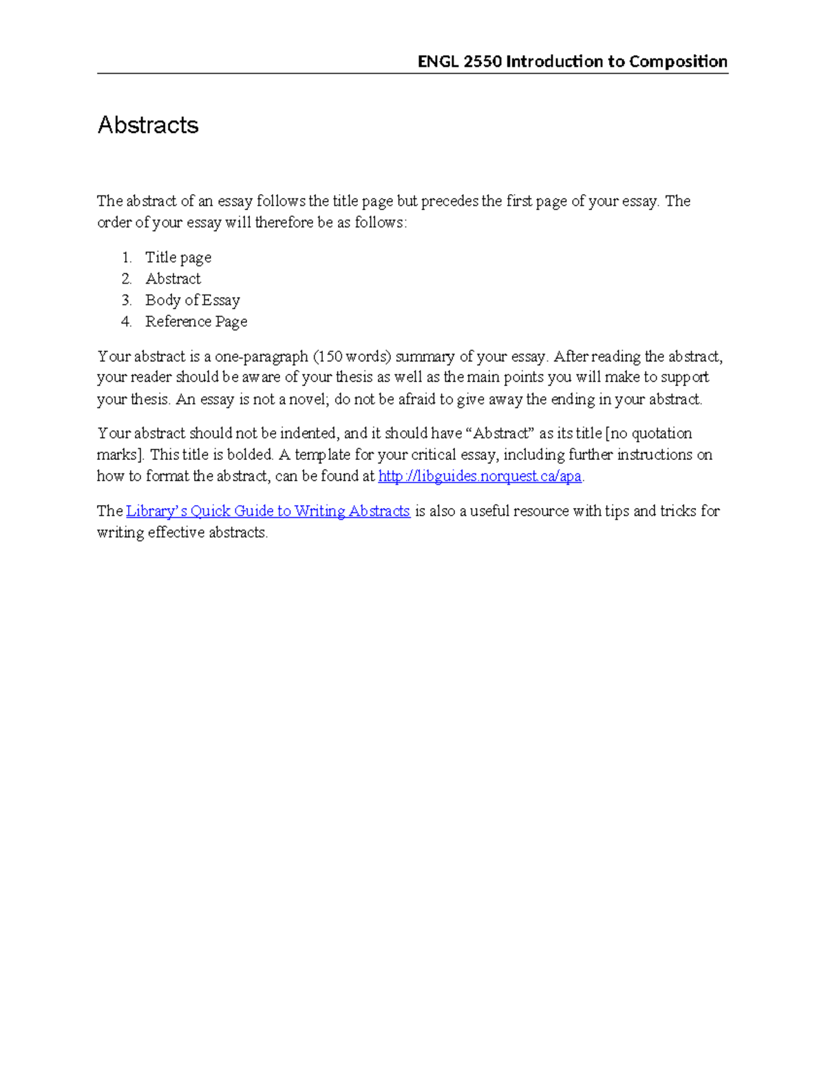 Abstracts APA 7 Update - assignment as a sample - ENGL 2550 Introduction to Composition ...