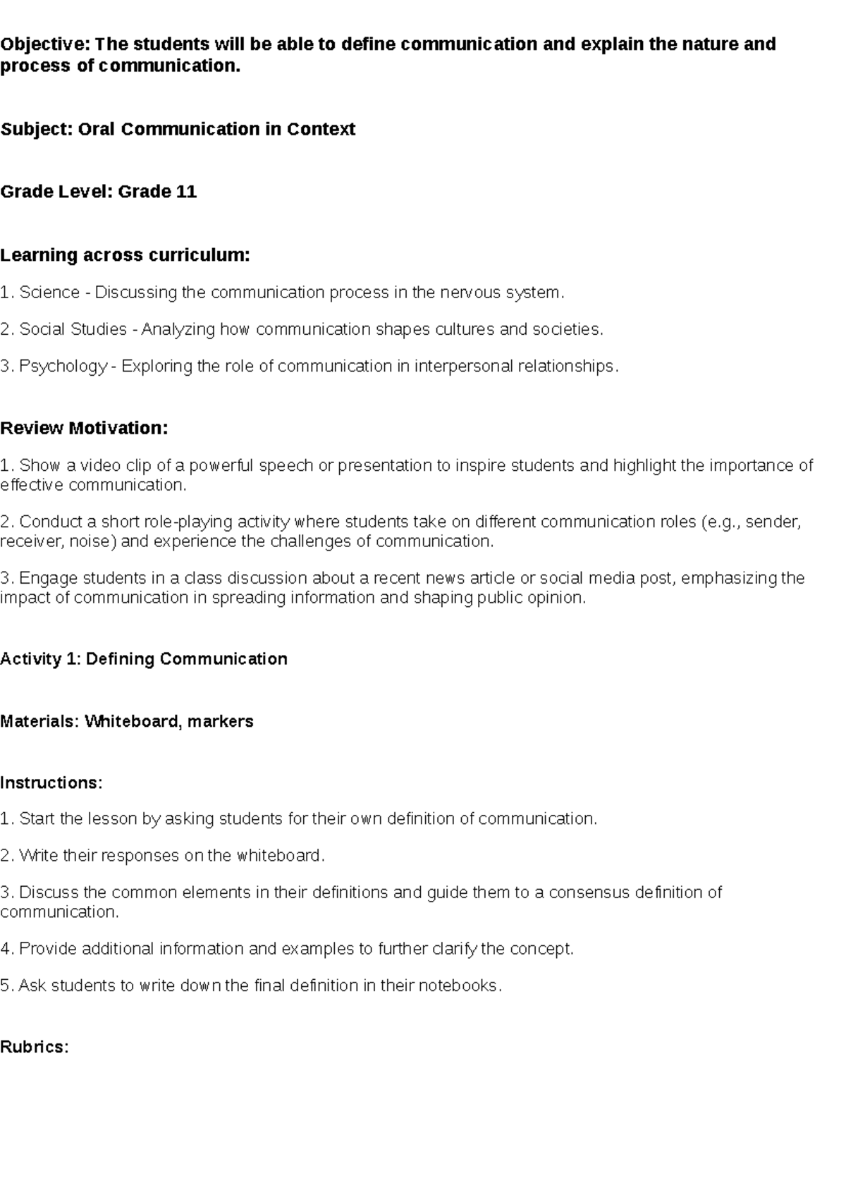 Lesson plan - Defines communication. Explains the nature and process of ...