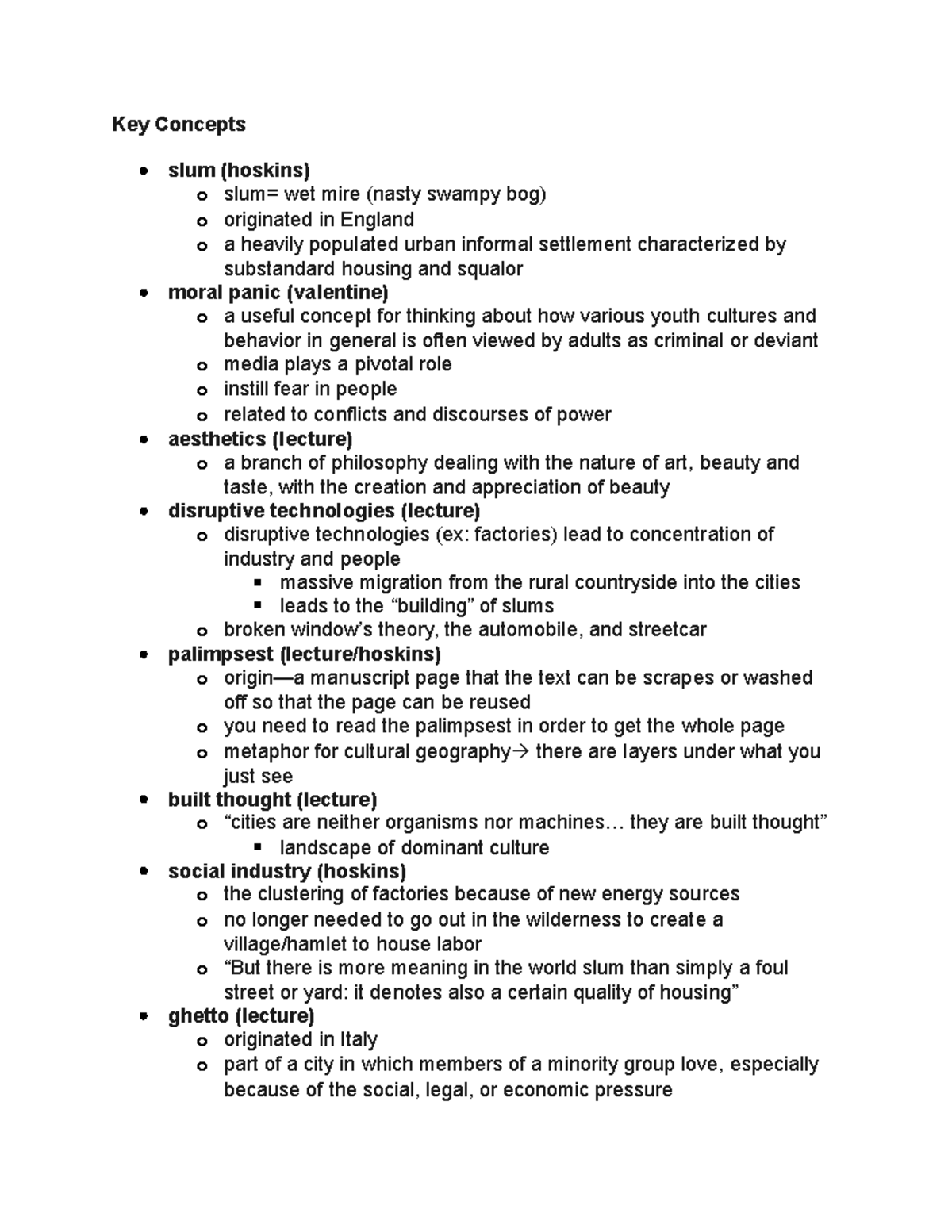 Exam 2 key terms - Key Concepts slum (hoskins) o slum= wet mire (nasty ...