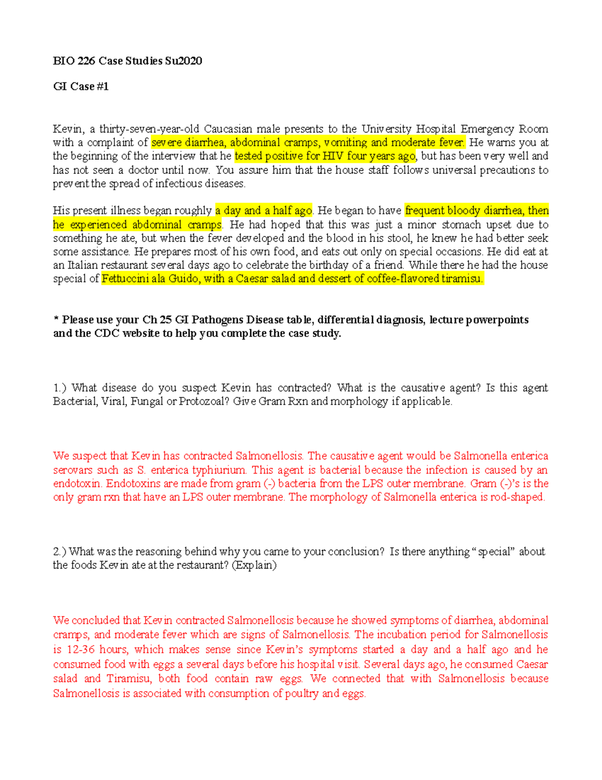 GI Case Study #1 - N/A - BIO 226 Case Studies Su GI Case # Kevin, a ...