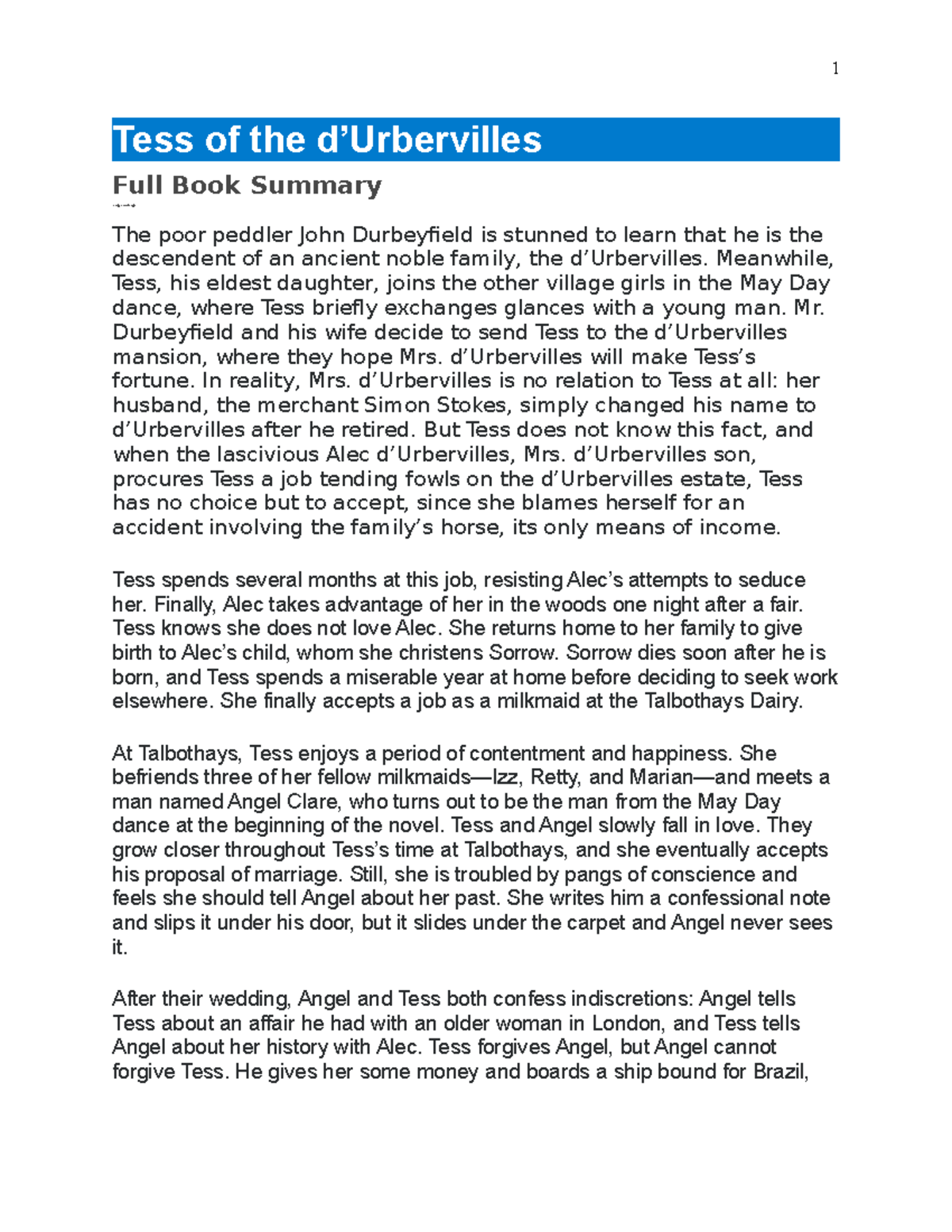 Tess of the d’Urbervilles-1 - 1 Tess of the d’Urbervilles Full Book ...