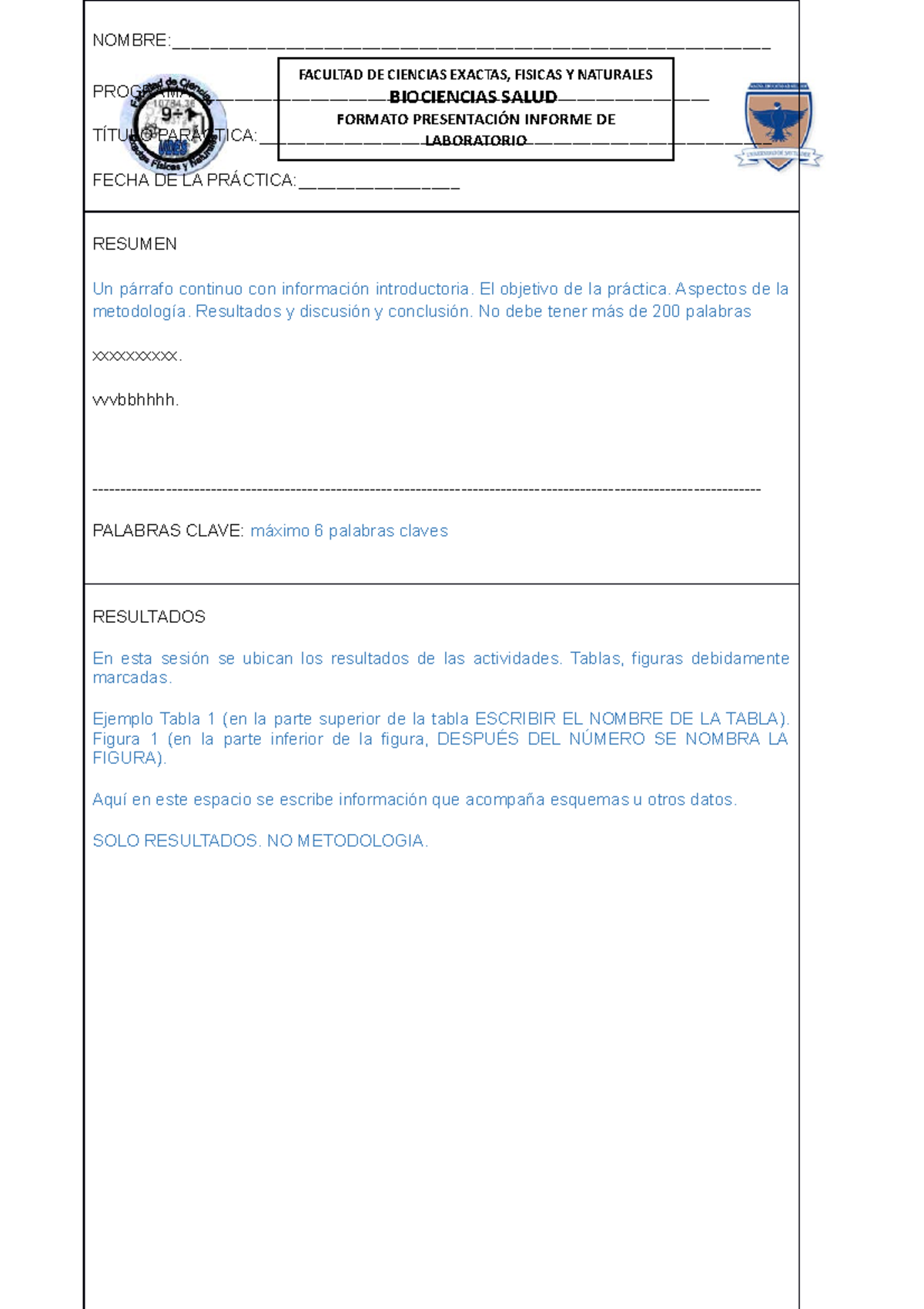 Formato Informe DE LAB - sdsdsd - FACULTAD DE CIENCIAS EXACTAS, FISICAS ...