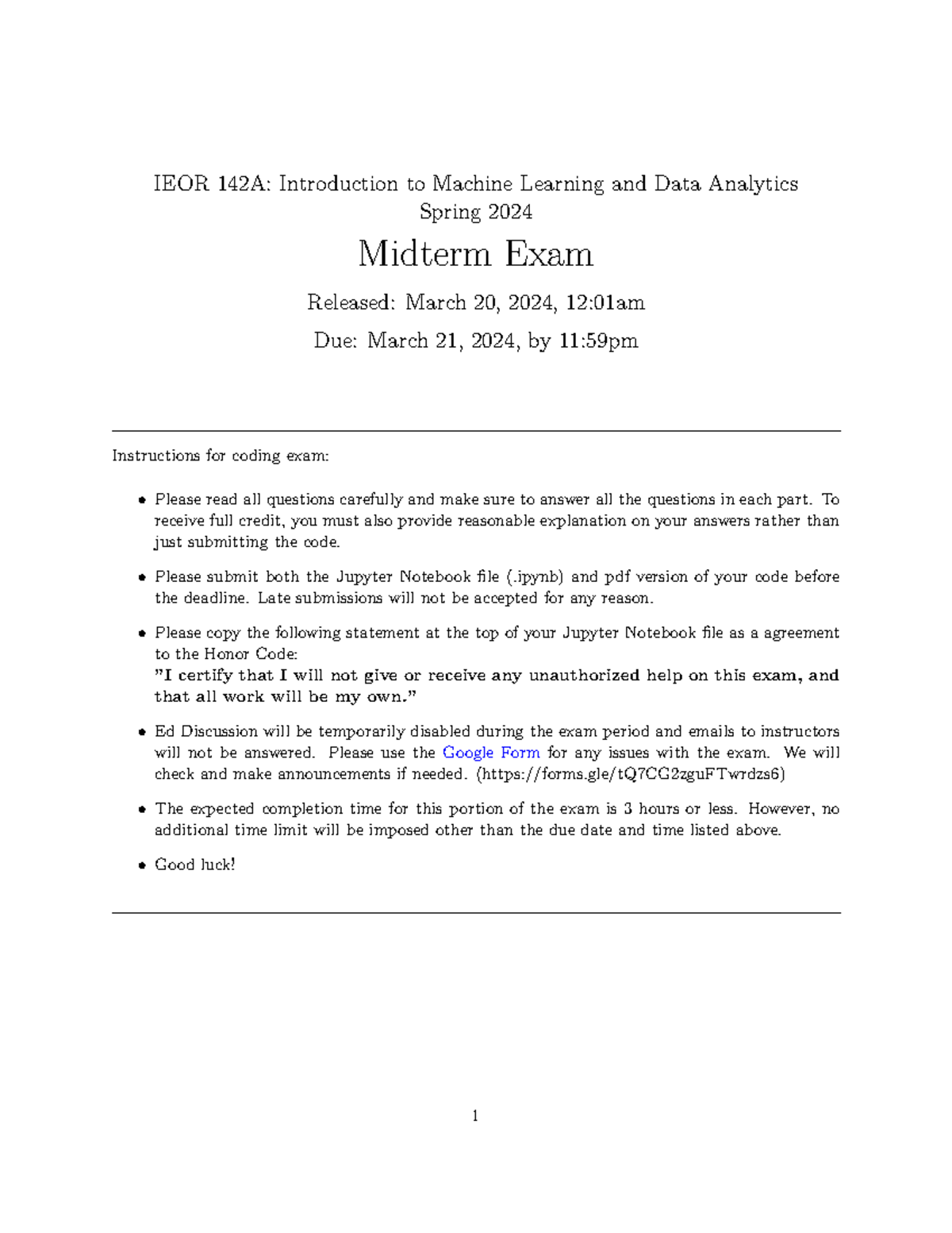 142A midterm 2024Spring - IEOR 142A: Introduction to Machine Learning and Data Analytics Spring ...
