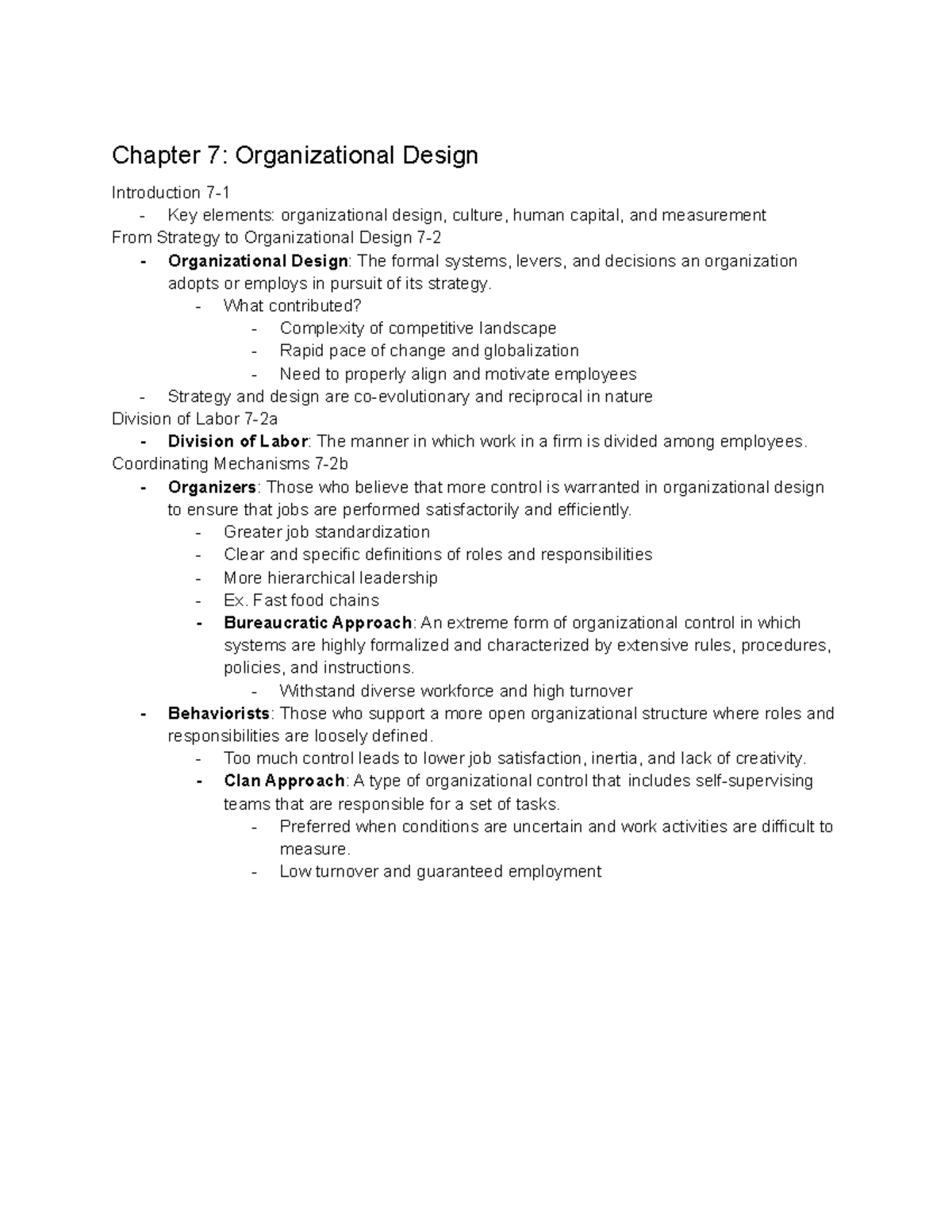 MGMT 310 Chapter 7 - Chapter 7: Organizational Design Introduction 7 ...